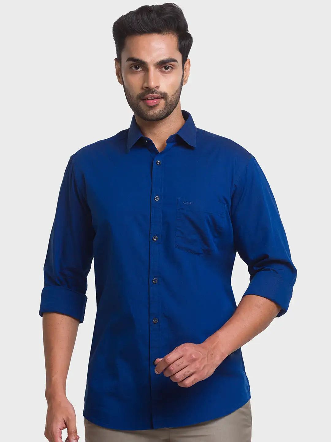 Men Blue Tailored Fit Cross Dyed Cotton Full Sleeve Shirts Myraymond