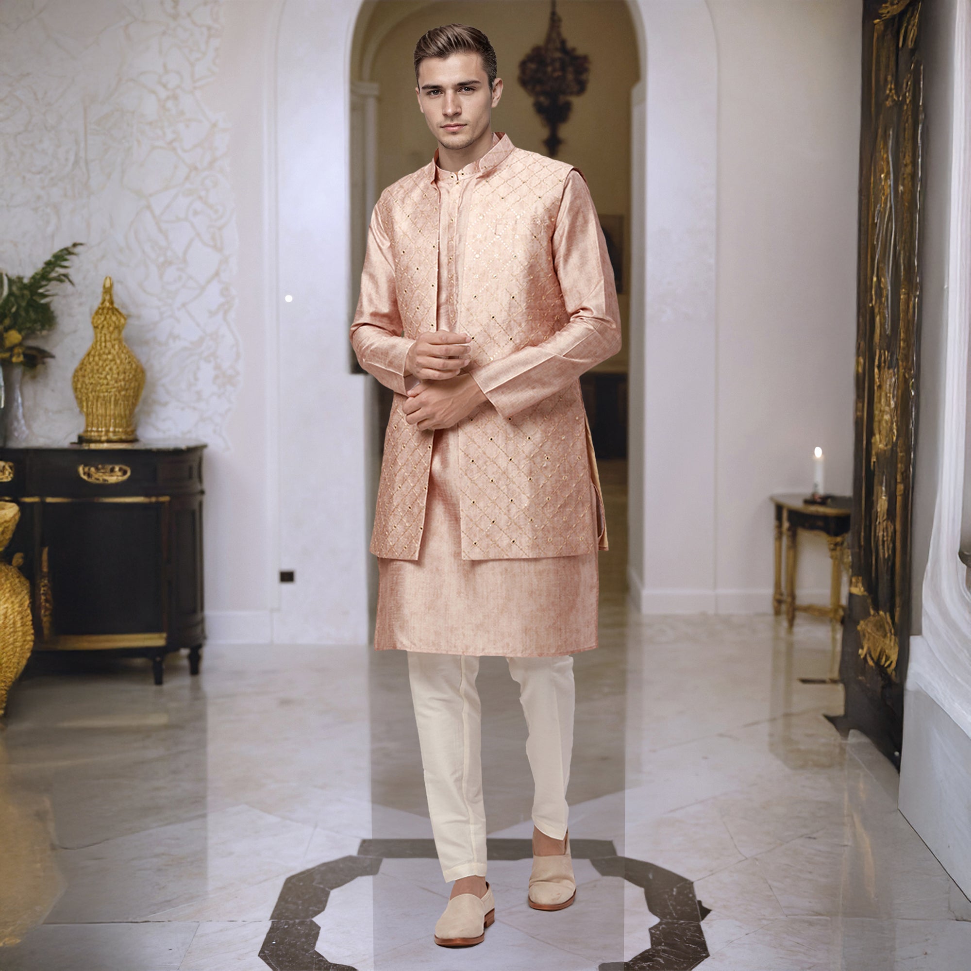 Ethnix Men Gold Embroidery Polyester Blend Bundi – MyRaymond