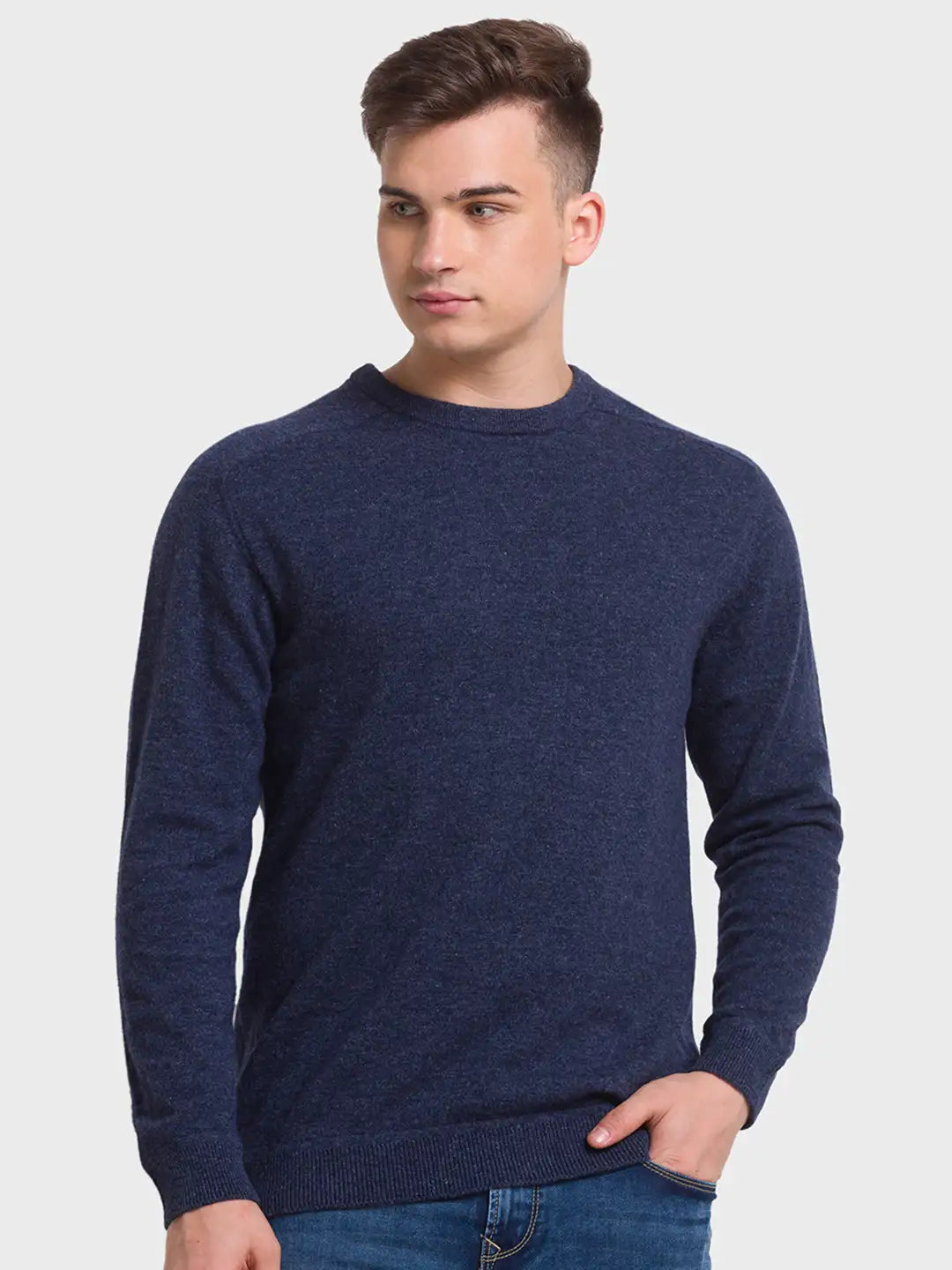 Men Navy Tailored Fit Solid Wool Blend Full Sleeve V Neck Collar Sweat
