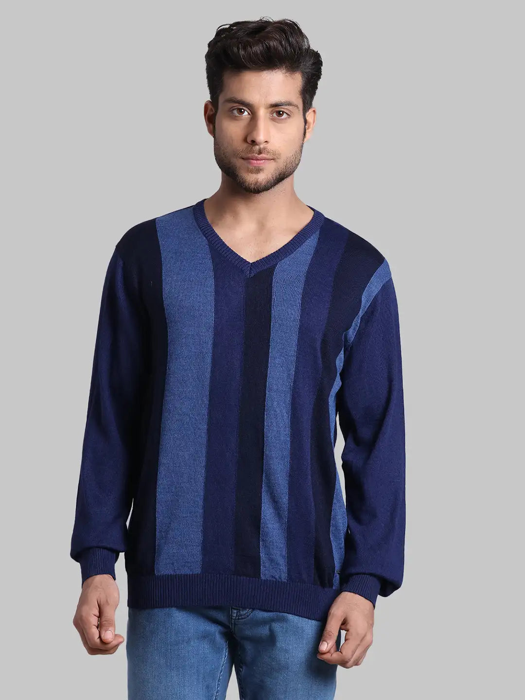 Men Blue Regular Fit Stripe Acrylic Blend Full Sleeve V Neck Collar Sw