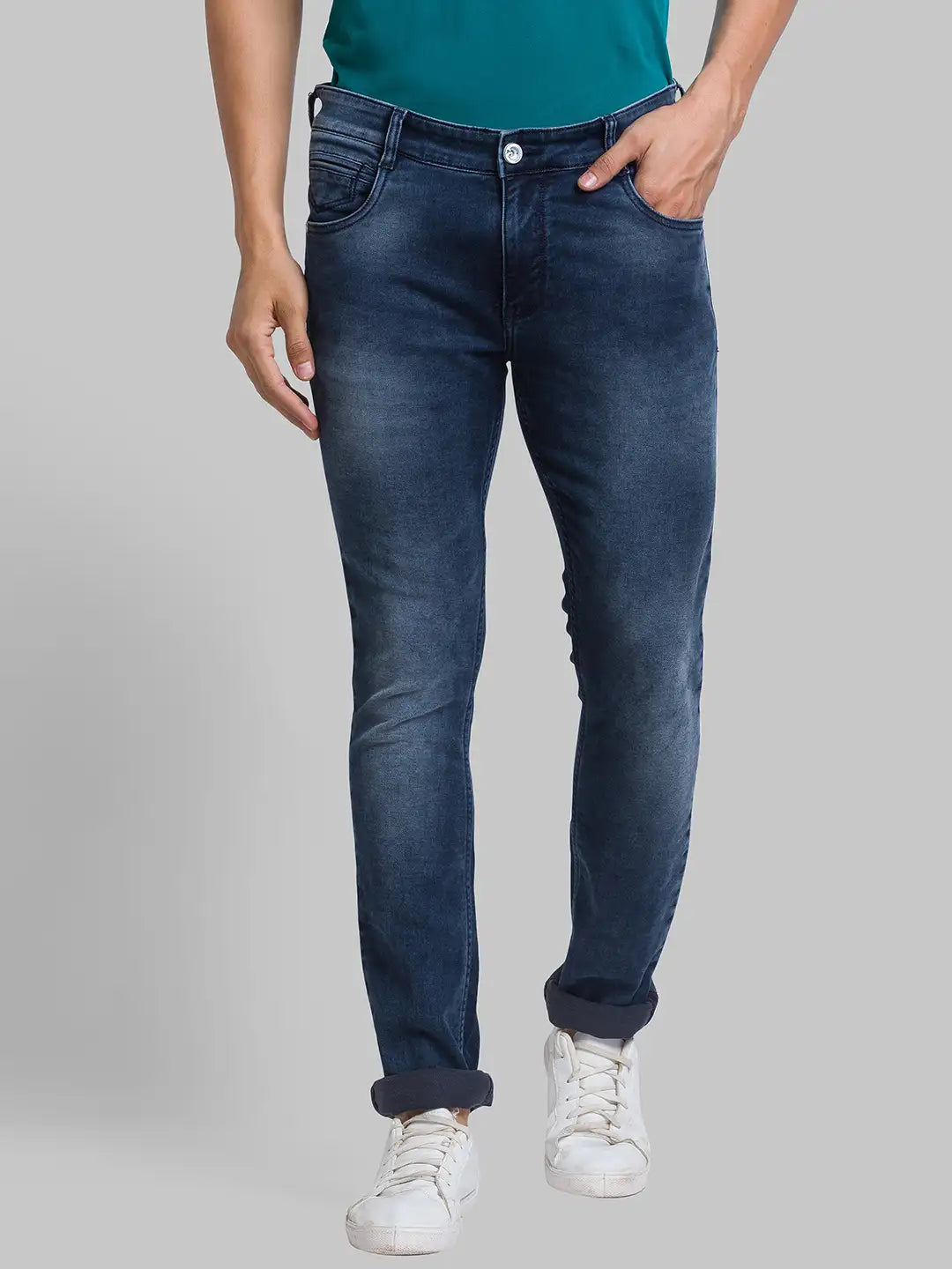 Men Blue Skinny Cropped Fit Jacquard Cotton Blend Jeans MyRaymond