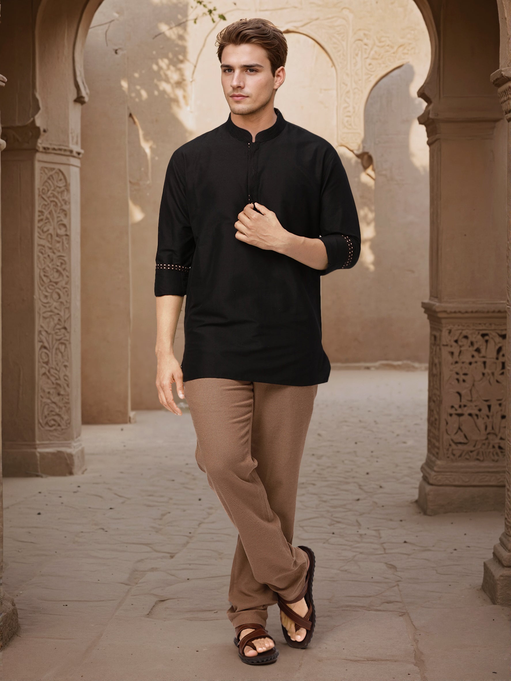 Ethnix by Raymond Men Black Solid Regular fit Viscose Blend Short Kurt ...