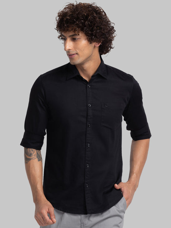 Parx Men Black Solid Slim Fit Full Sleeve Semi Cut Away Collar Shirt ...