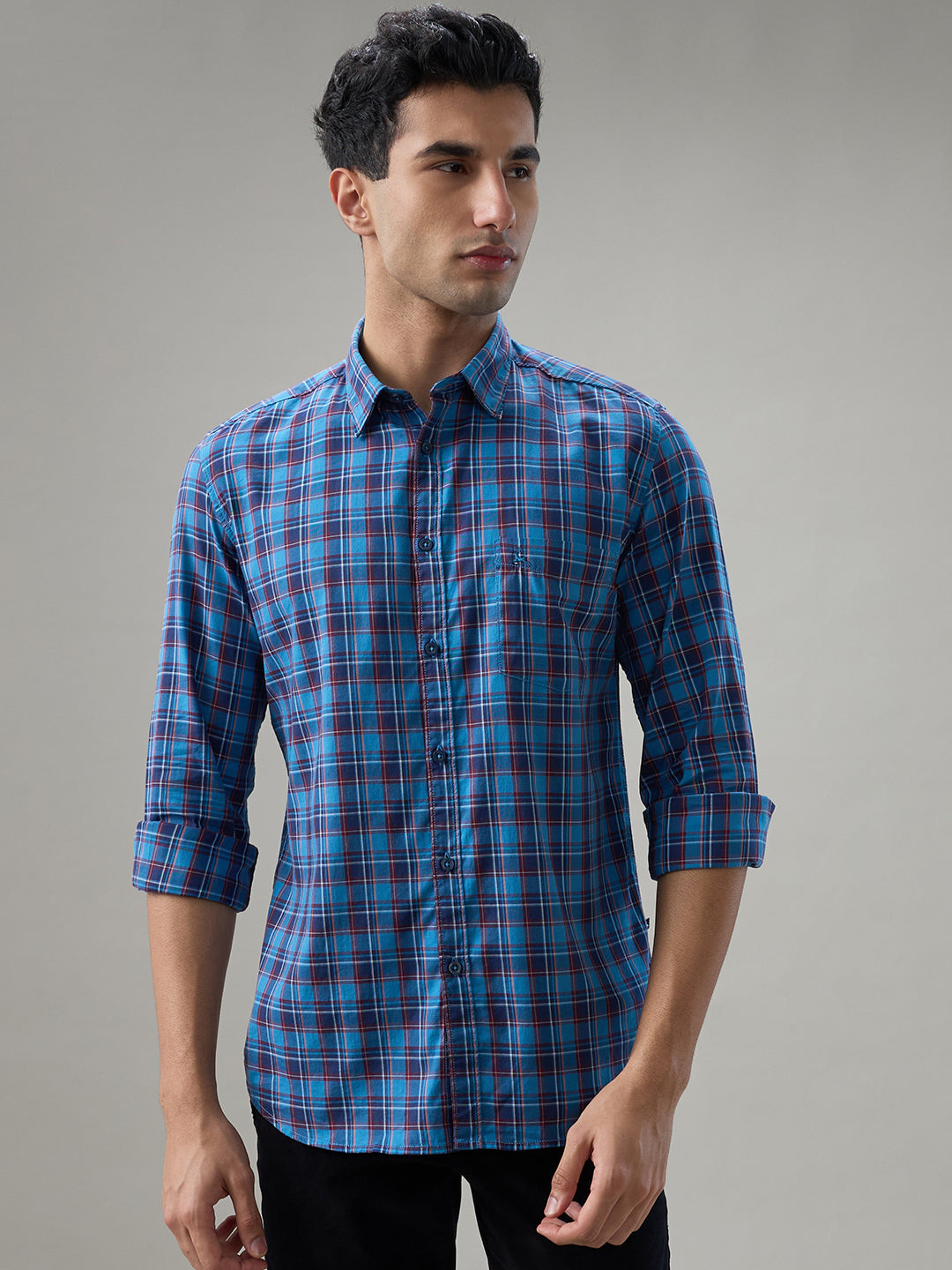 Parx Men Blue Checks Slim Fit Cotton Casual Shirt – MyRaymond