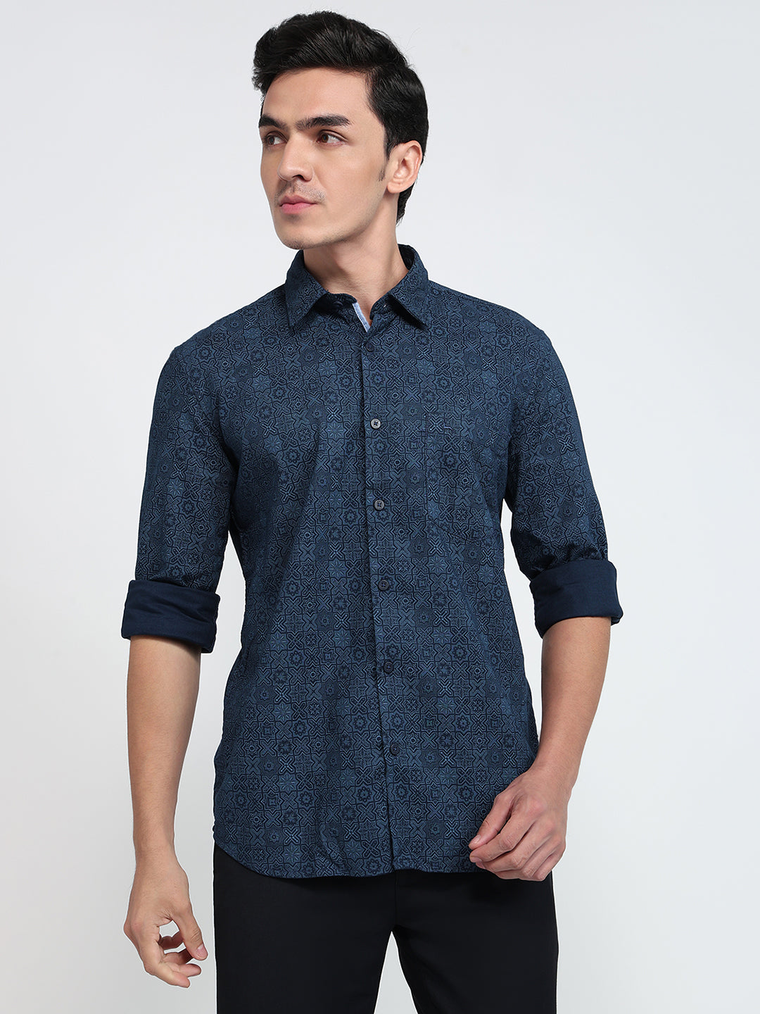 Parx Men Blue Printed Slim Fit Cotton Casual Shirt – MyRaymond