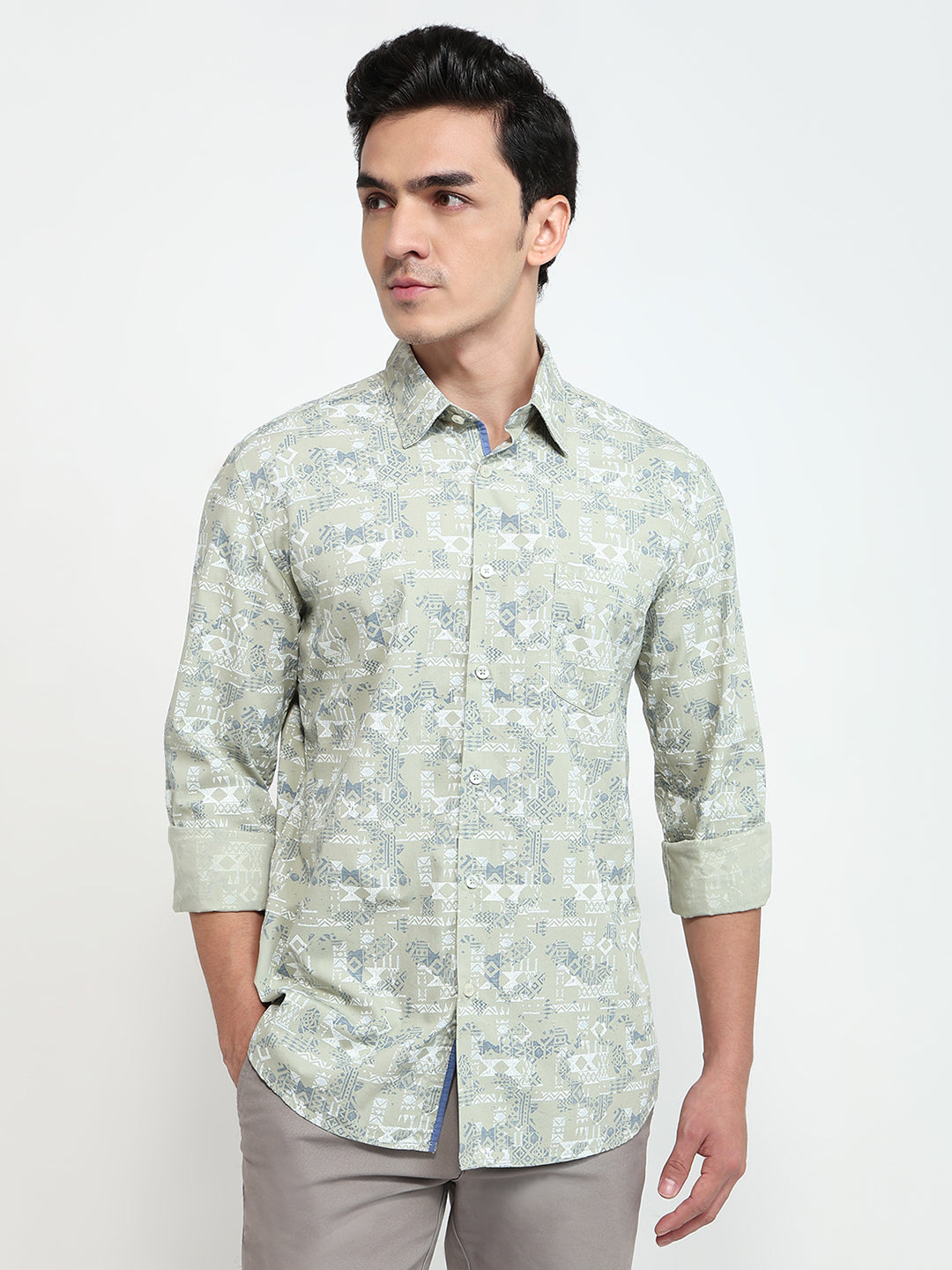Parx Men Green Printed Slim Fit Cotton Casual Shirt – MyRaymond