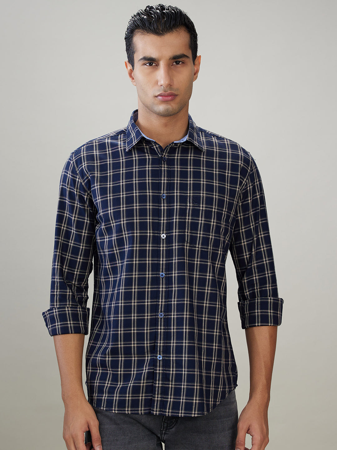 Parx Men Blue Checks Slim Fit Cotton Full Sleeve Casual Shirt – MyRaymond