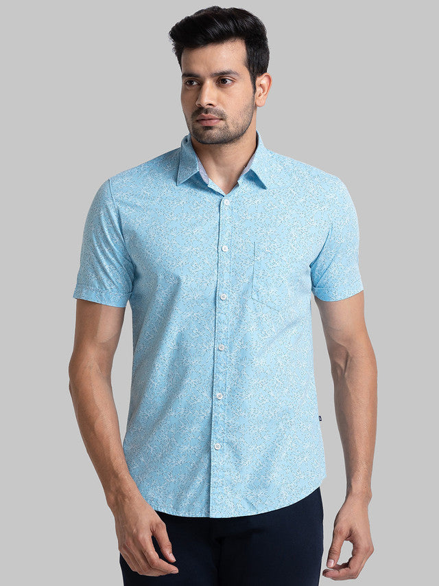 Parx Men Blue Printed Slim Fit Half Sleeve Semi Cut Away Collar Shirt ...