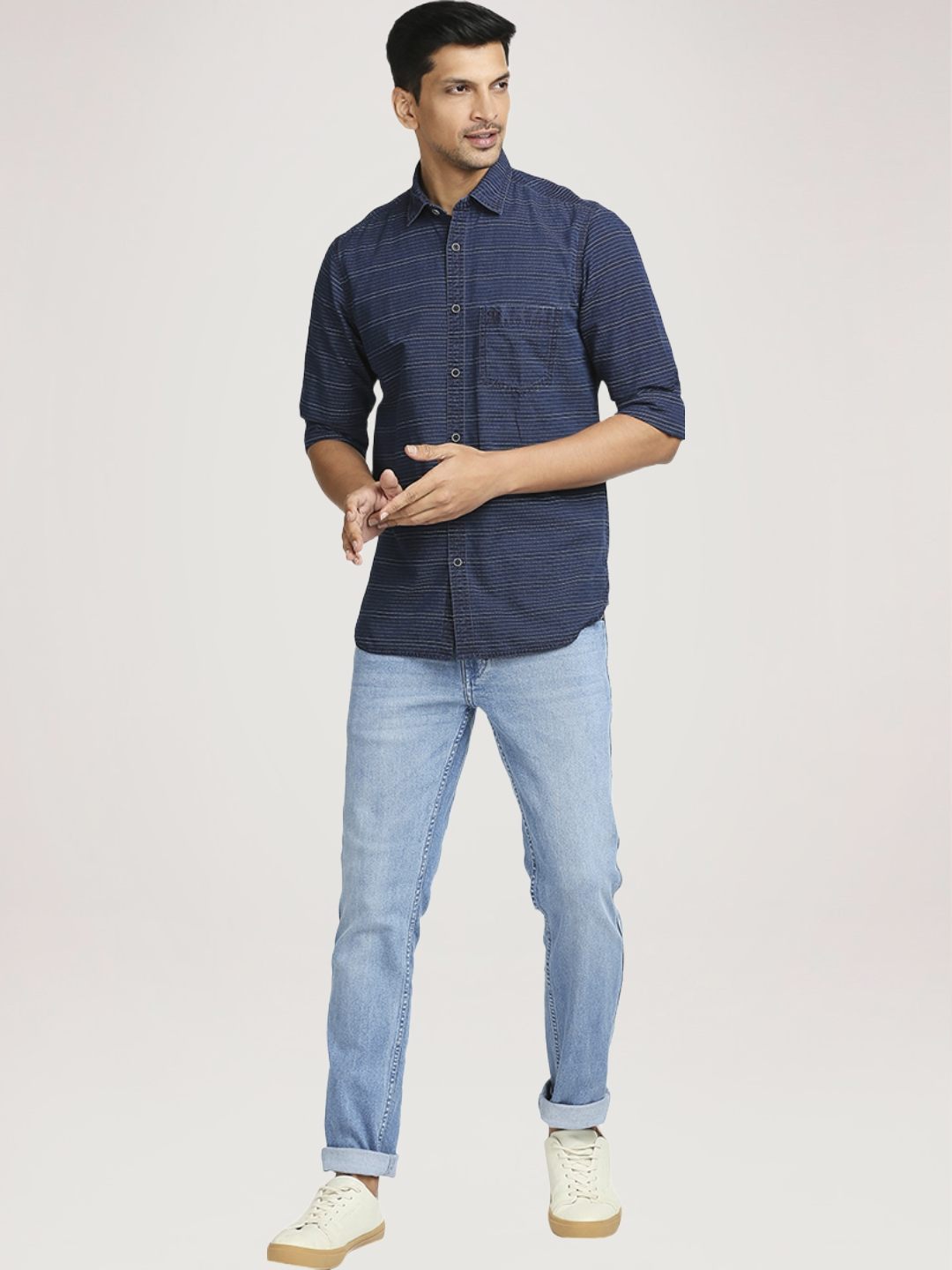 Men Indigo Tailored Fit Stripe Cotton Blend Full Sleeve Shirts – MyRaymond