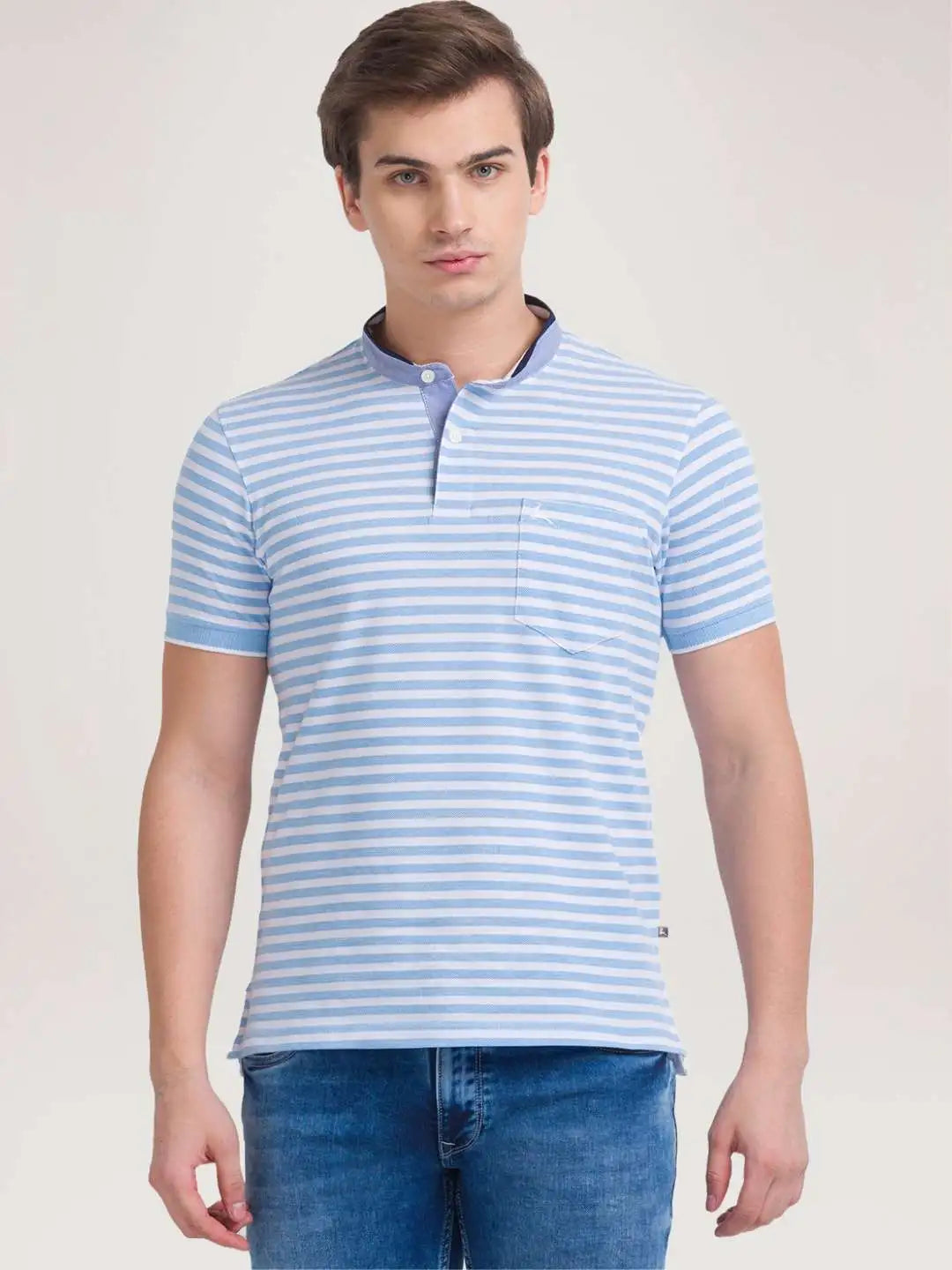 Men Blue Regular Fit Yarn Dyed Cotton Henley Neck Collar T-Shirt ...