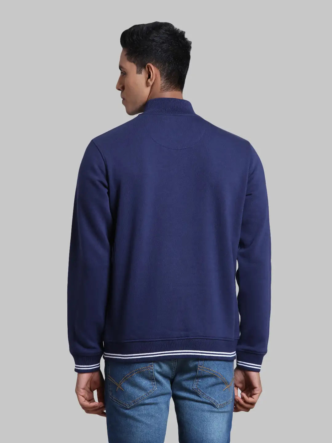 Men Blue Tailored Fit Solid Cotton Full Sleeve Henley Neck Collar Swea