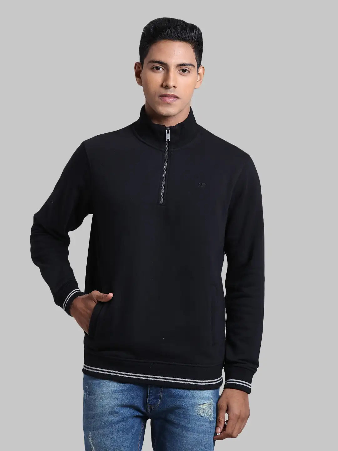 Men Black Tailored Fit Solid Cotton Full Sleeve Henley Neck Collar Swe ...