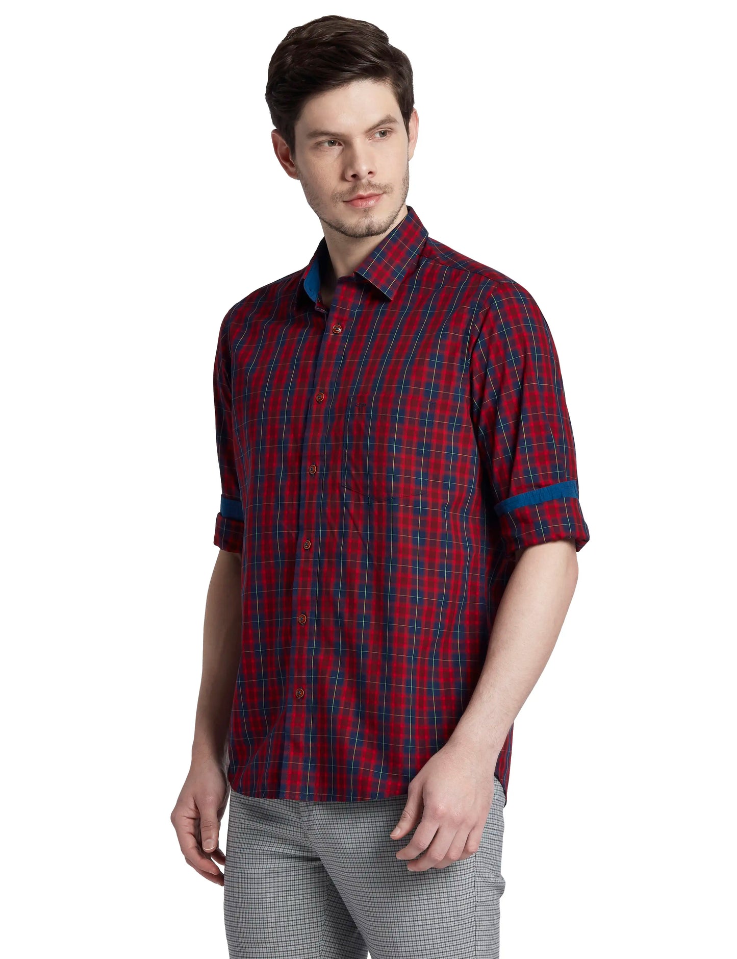 ColorPlus Men Red Tailored Fit Checks Cotton Full Sleeve Shirts – MyRaymond