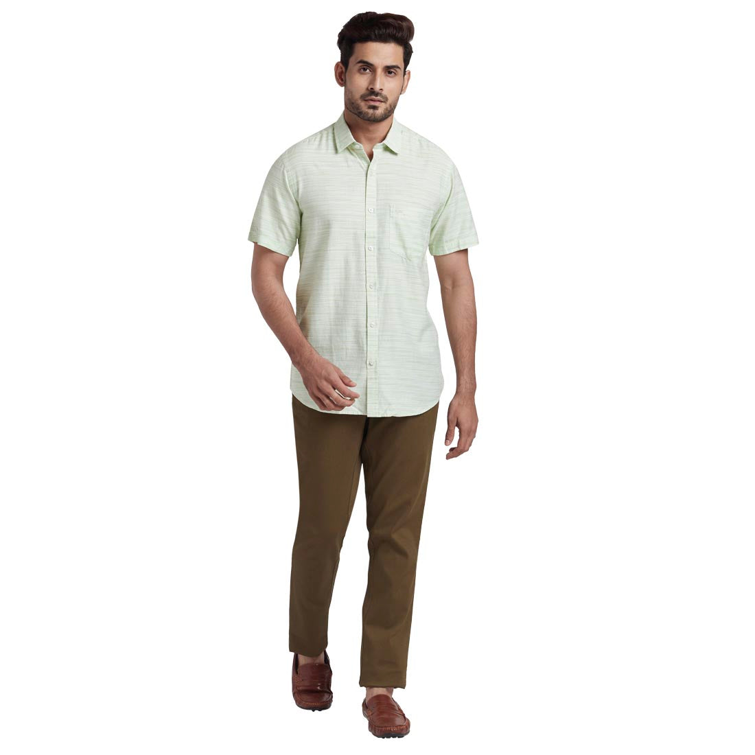 ColorPlus Men Green Solid Tailored Fit Cotton Half Sleeve Shirt – MyRaymond