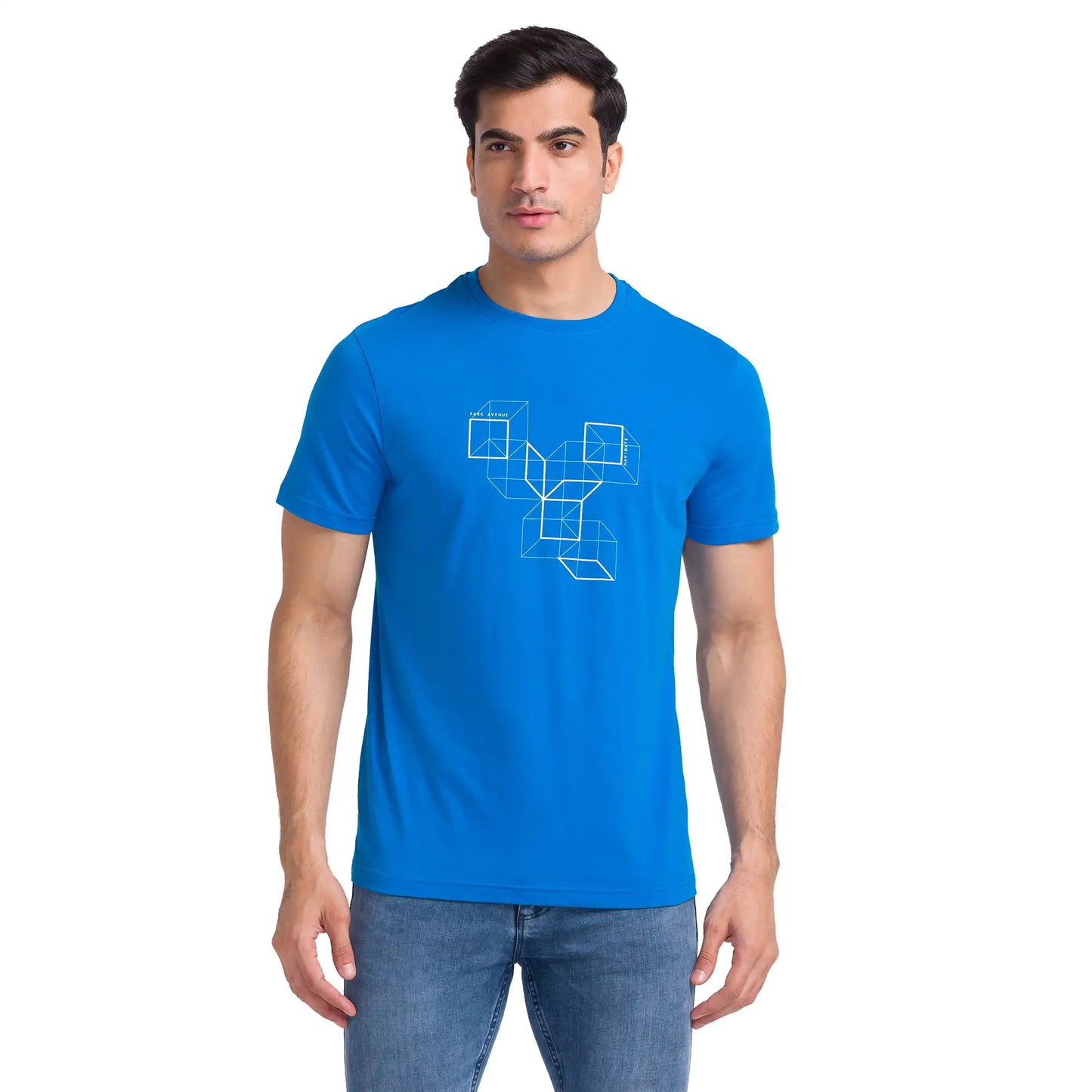 Men Blue Slim Fit Print Cotton Blend Crew Neck Collar T Shirt Myraymond