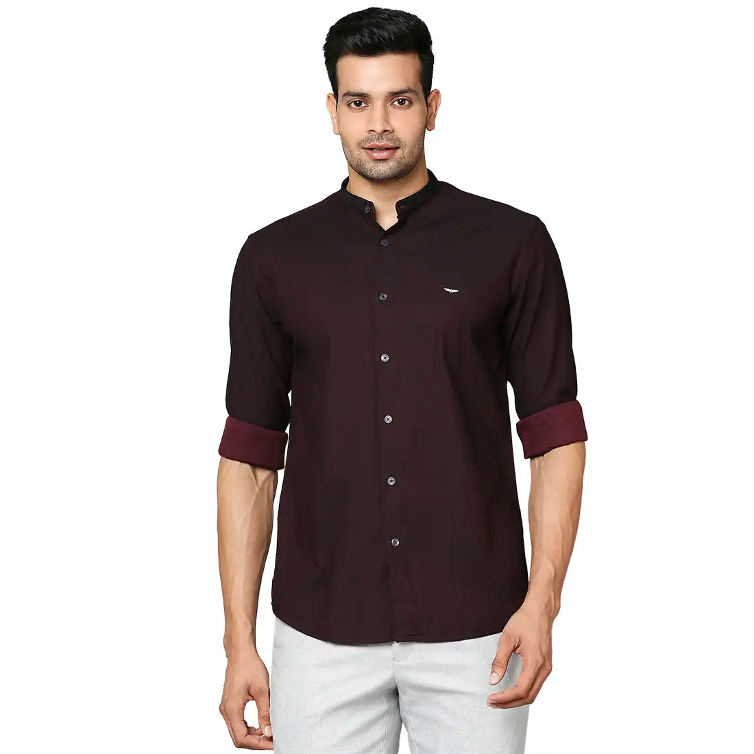 Men Red Slim Fit Solid Cotton Mandarin Collar Shirts – MyRaymond