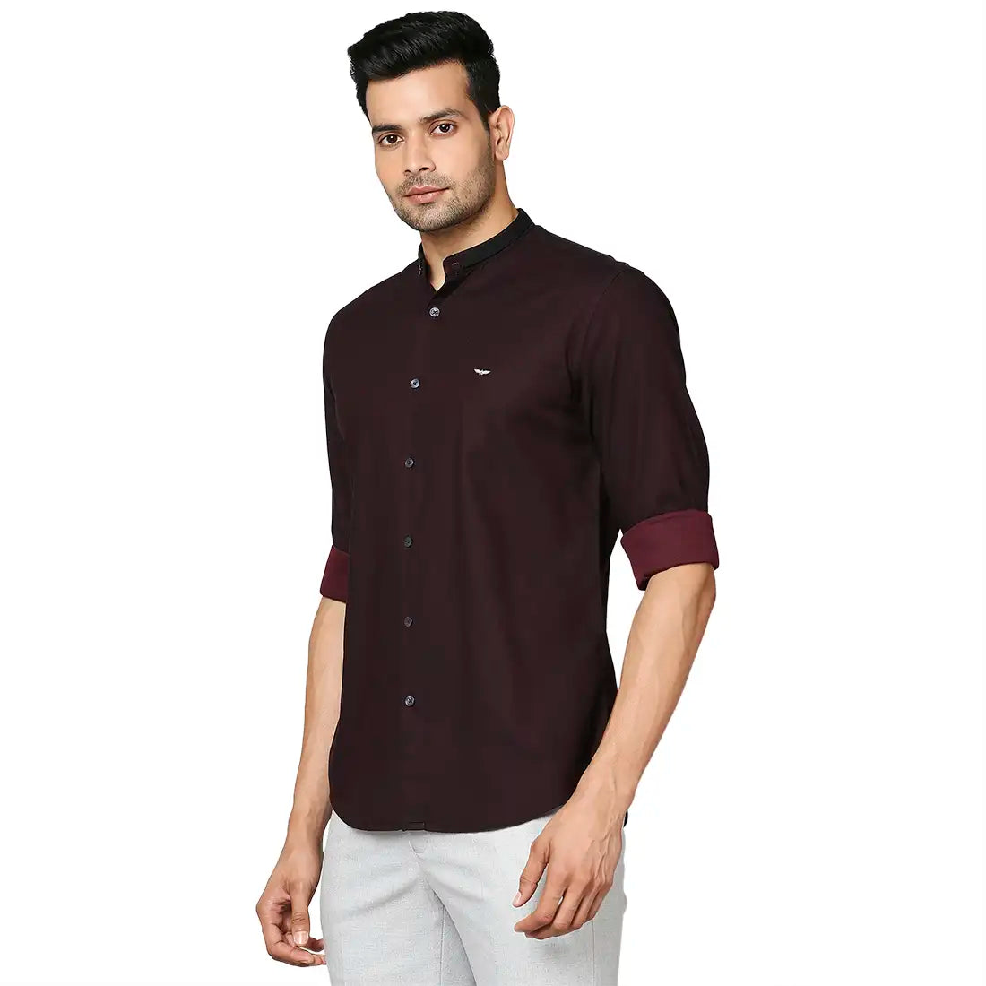 Men Red Slim Fit Solid Cotton Mandarin Collar Shirts – MyRaymond
