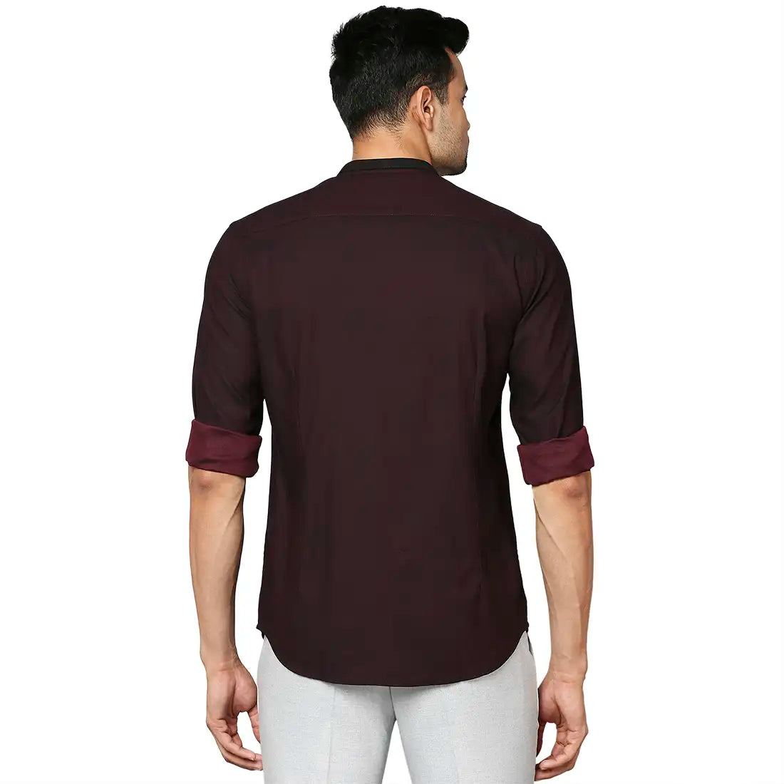 Men Red Slim Fit Solid Cotton Mandarin Collar Shirts – MyRaymond