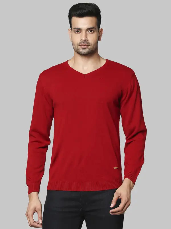 Men Red Regular Fit Solid Acrylic Full Sleeve V Neck Collar Sweaters ...