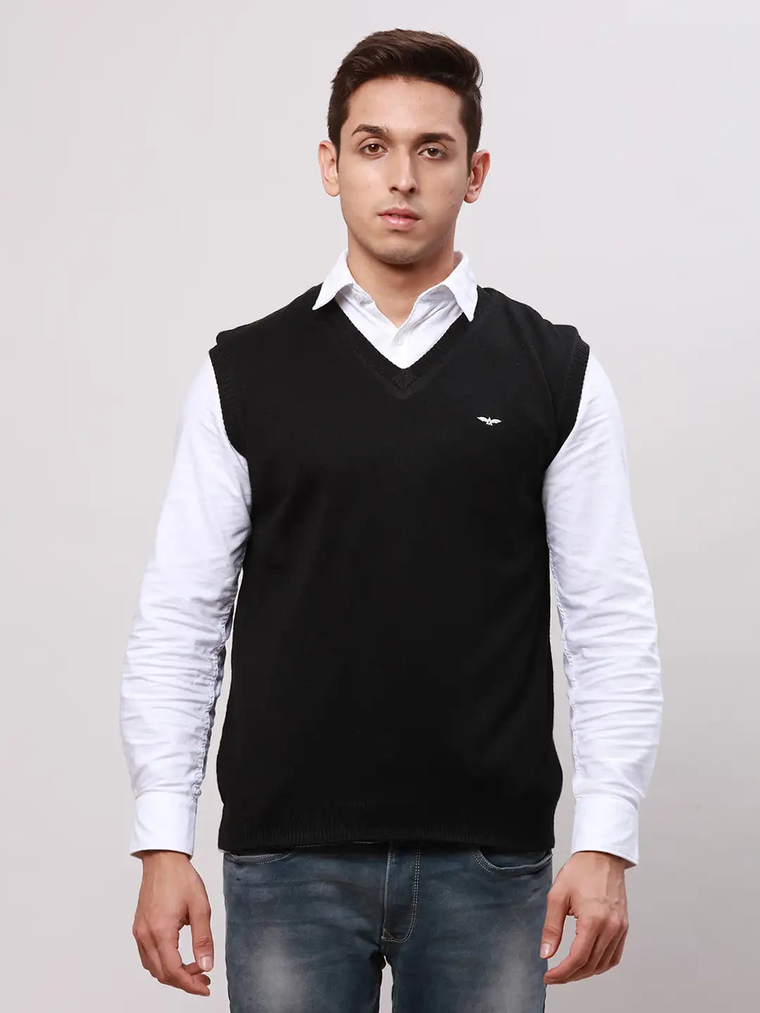 Park Avenue Men Black Regular Fit Solid Cotton Sleeveless V Neck Colla ...