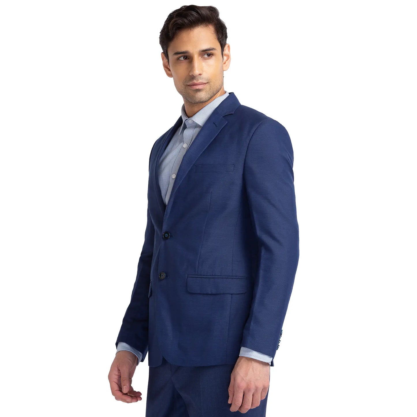 Men Blue Super Slim Fit Solid Polyester Blend Suit Myraymond