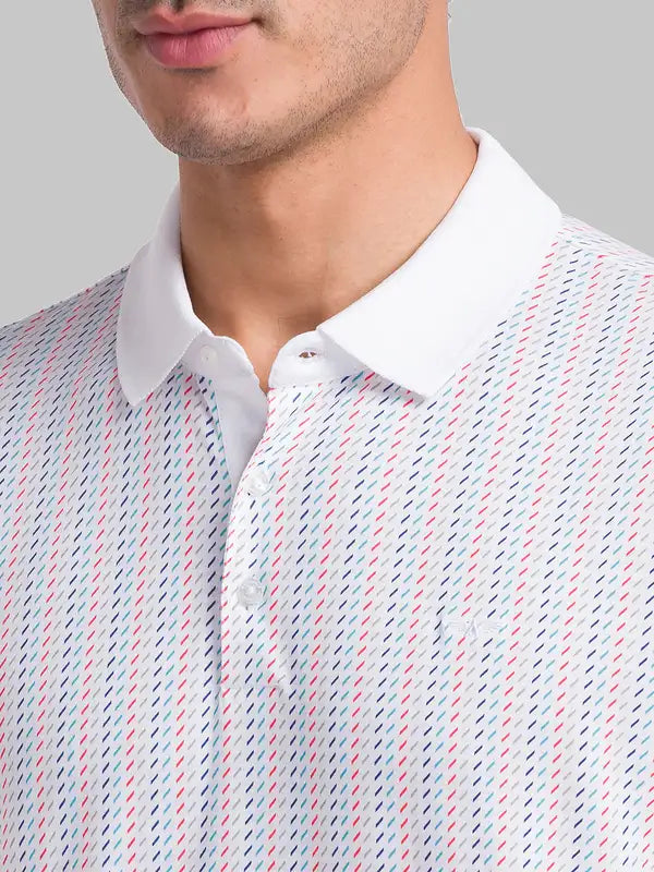 Men White Slim Fit Print Cotton Round Neck Collar Polo T-Shirt – MyRaymond