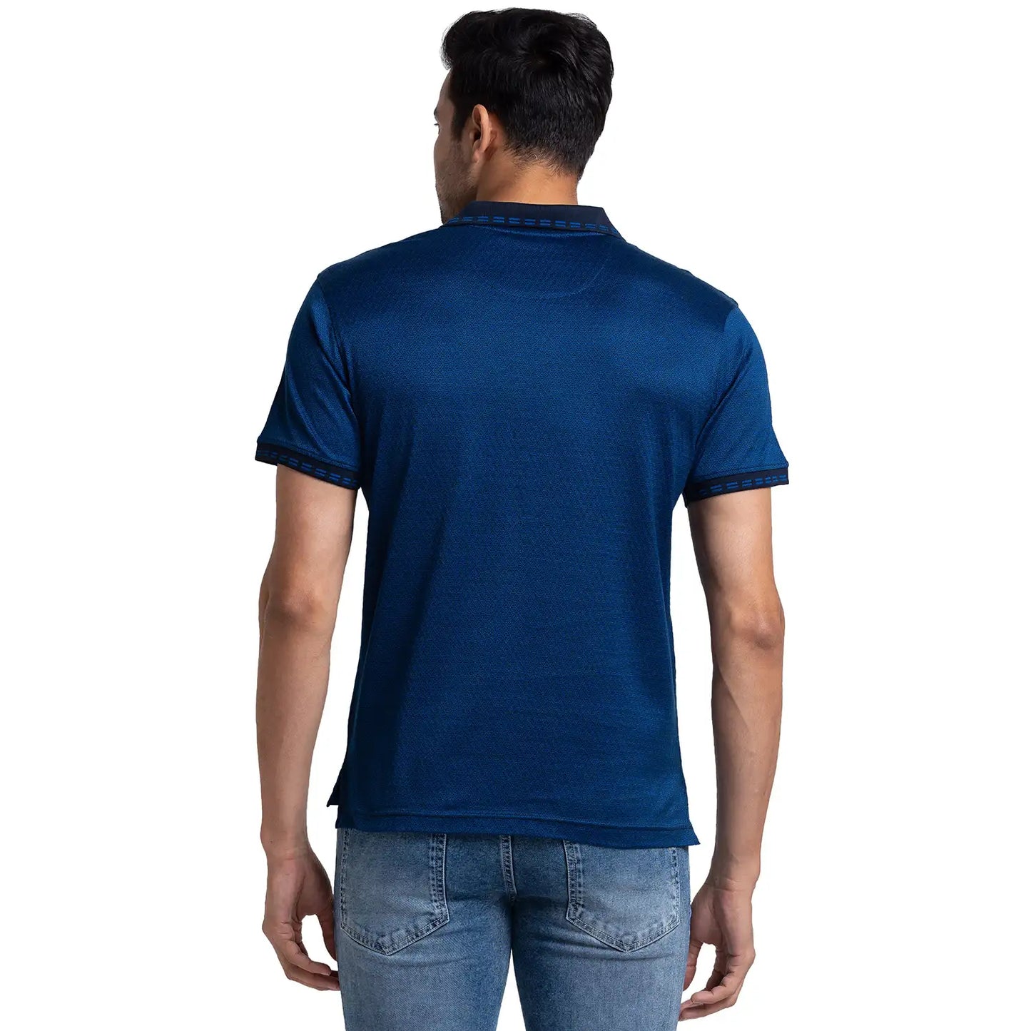 Men Blue Contemporary Fit Jacquard Cotton Half Sleeve Polo T Shirt