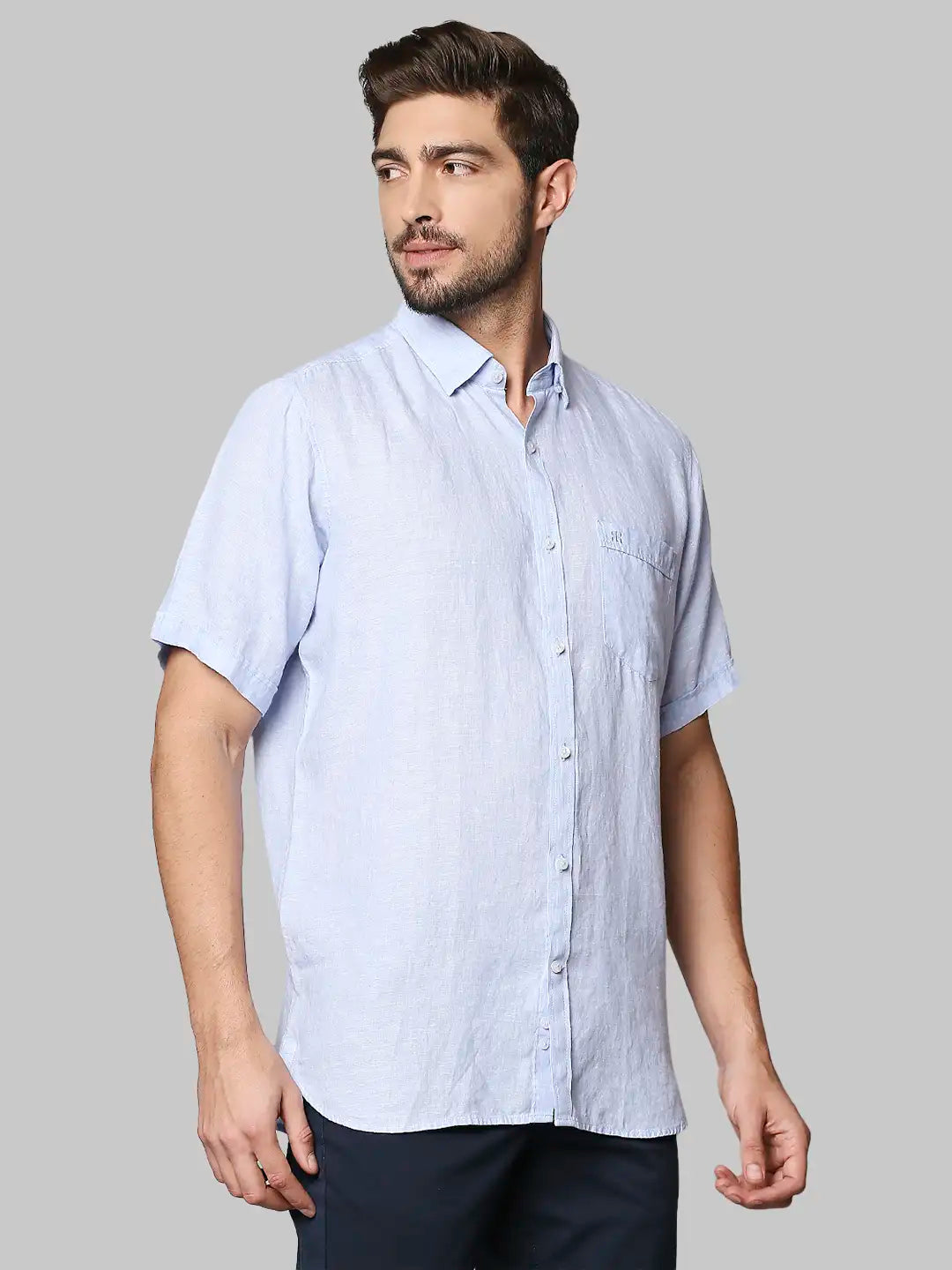 Men Blue Contemporary Fit Solid Linen Half Sleeve Shirts – MyRaymond