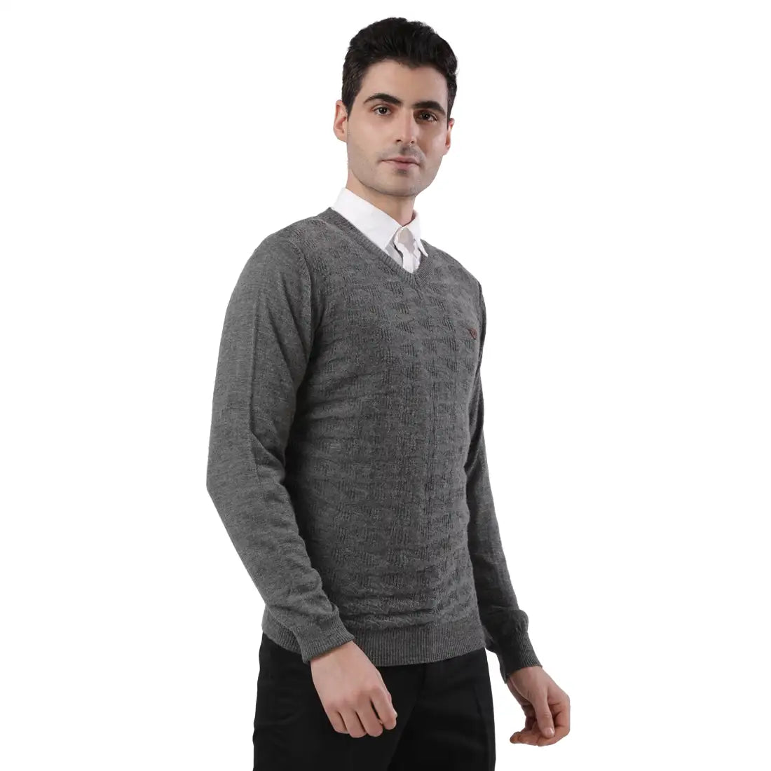 Men Grey Acrylic Wool Blend Full Sleeve V Neck Collar Sweaters – MyRaymond