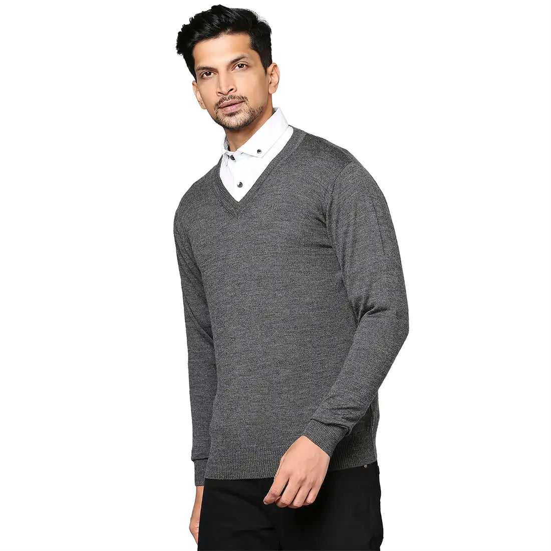 Men Grey Solid Merino Wool Full Sleeve V Neck Collar Sweaters – MyRaymond