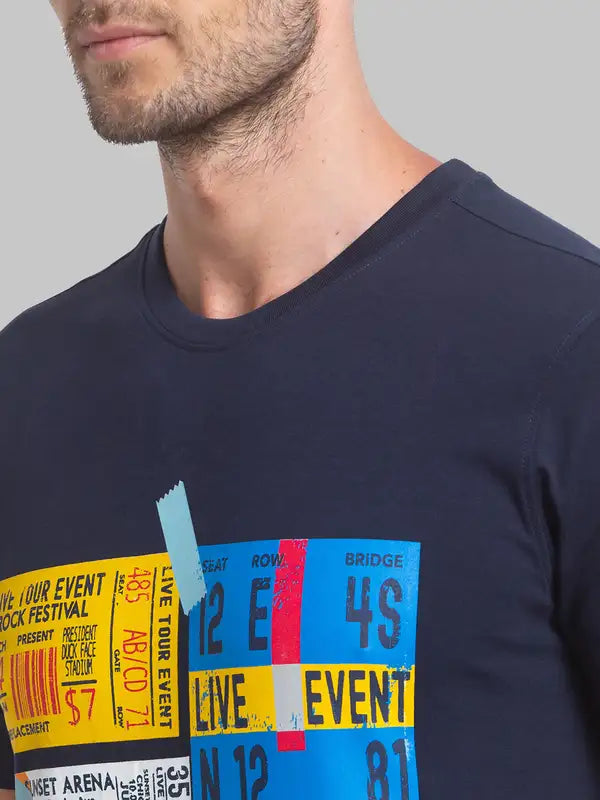 Men Blue Regular Fit Graphic Cotton T Shirt Myraymond