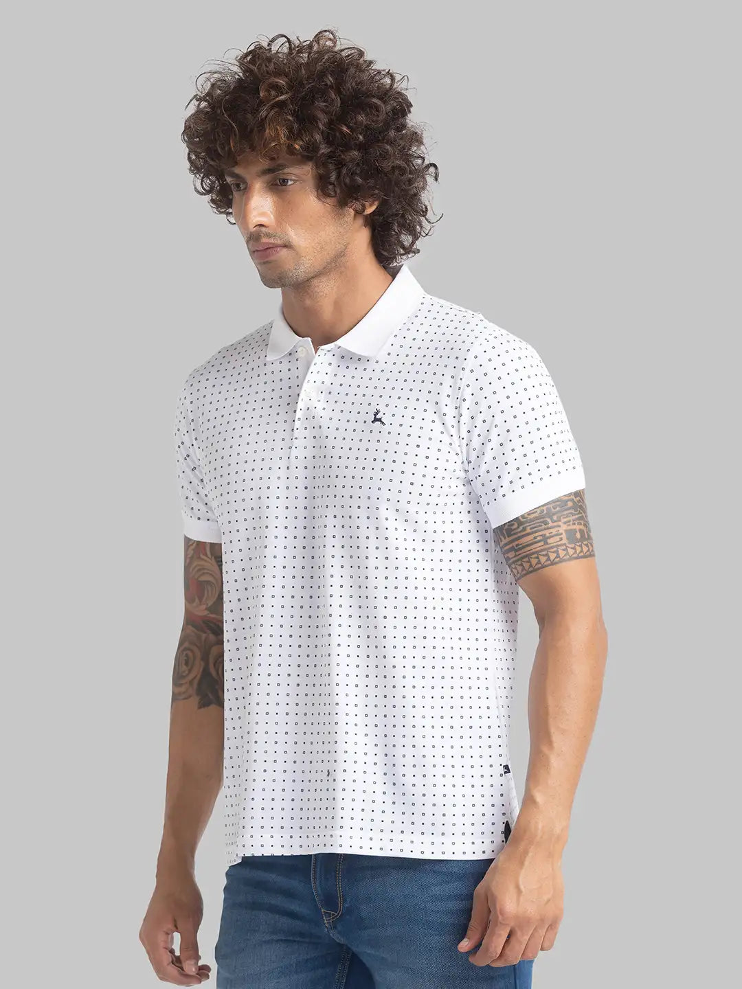 Men White Regular Fit Print Cotton Round Neck Collar Polo T-Shirt ...