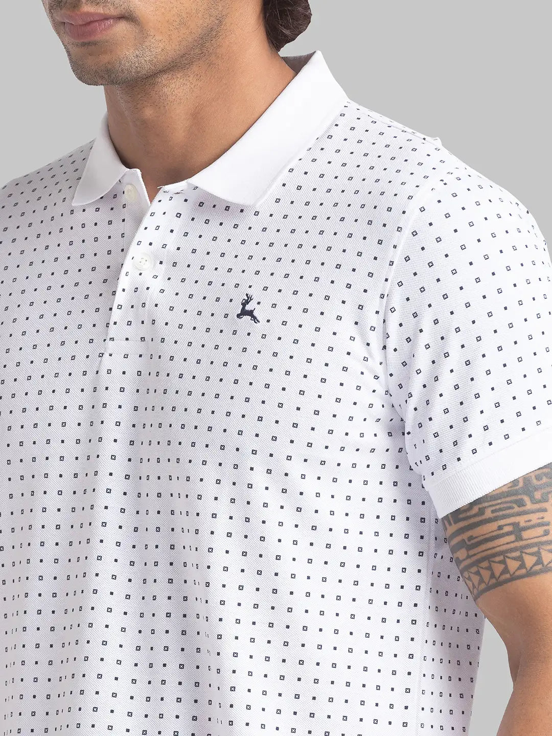 Men White Regular Fit Print Cotton Round Neck Collar Polo T-Shirt ...