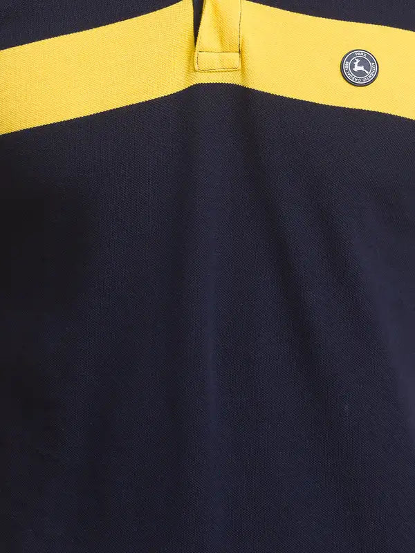 Men Blue Regular Fit Yarn Dyed Cotton Round Neck Collar Polo T Shirt