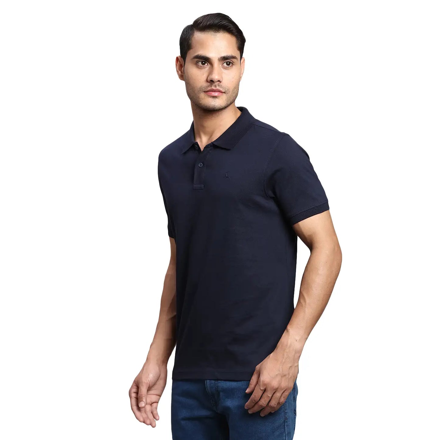 Men Blue Regular Fit Solid Cotton Half Sleeve Round Neck Collar Polo T ...