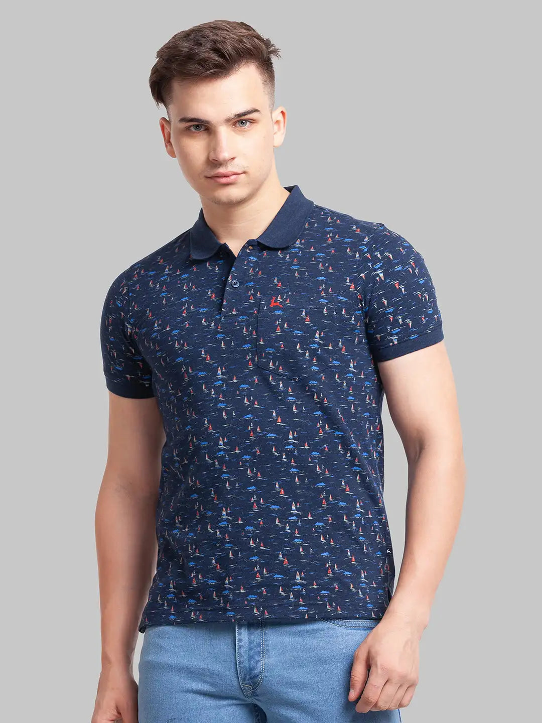 Men Blue Regular Fit Print Cotton Round Neck Collar Polo T Shirt