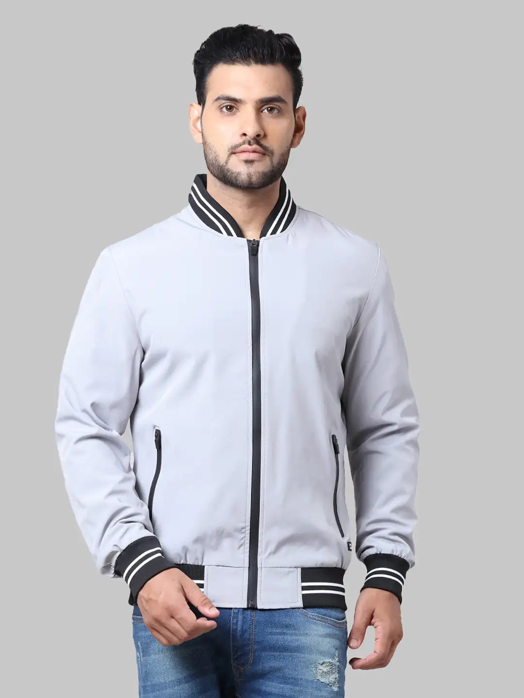 Men Grey Solid Polyester Full Sleeve Jackets – MyRaymond