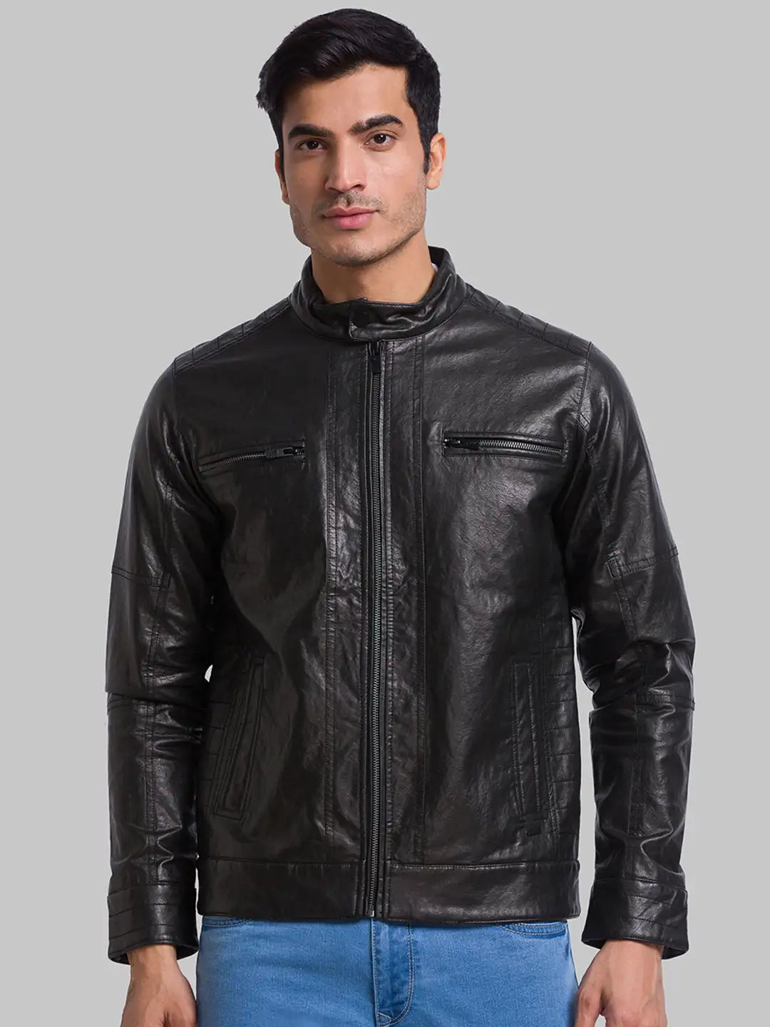 Men Black Solid Poly Urathane Full Sleeve Jackets – MyRaymond