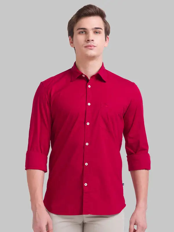 Men Red Slim Fit Solid Cotton Blend Full Sleeve Shirts – MyRaymond