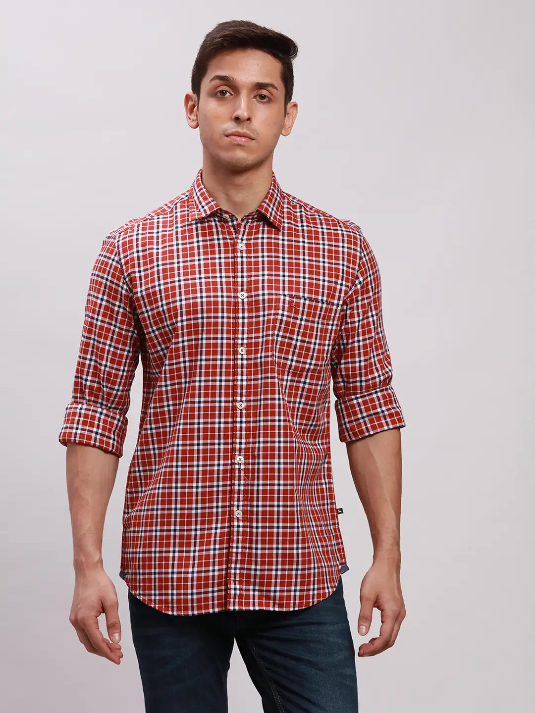 Parx Men Red Checks Slim Fit Cotton Full Sleeve Cut Away Collar Shirt ...