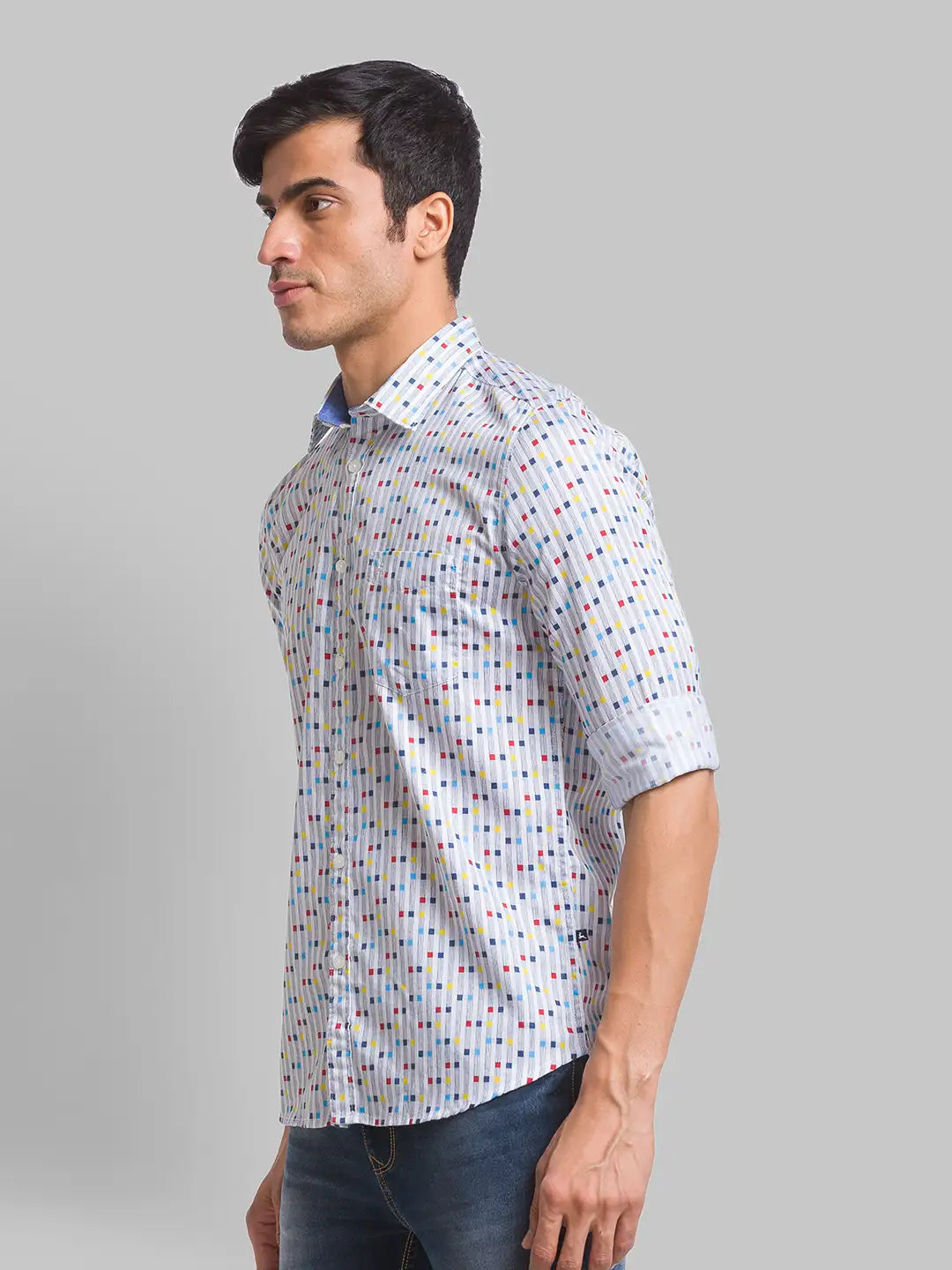 Men White Slim Fit Print Cotton Full Sleeve Shirts Myraymond