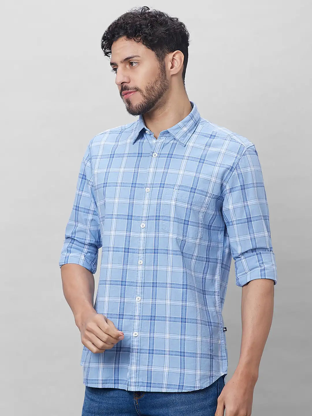 Parx Men Blue Checks Slim Fit Cotton Full Sleeve Shirts – MyRaymond