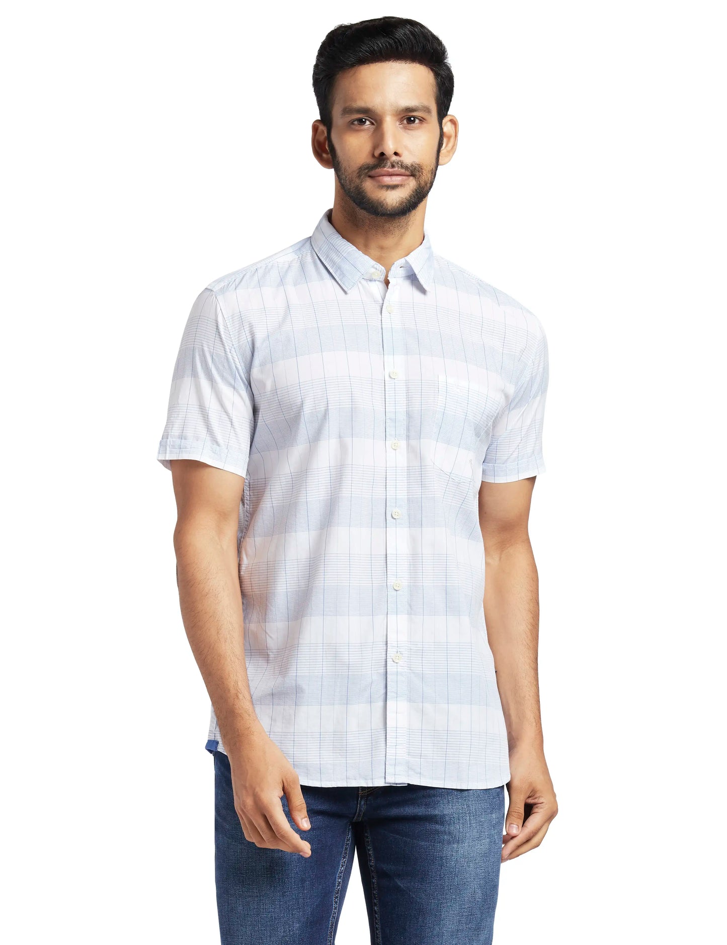 Parx Men Blue Checks Slim Fit Cotton Half Sleeve Cut Away Collar Shirt ...