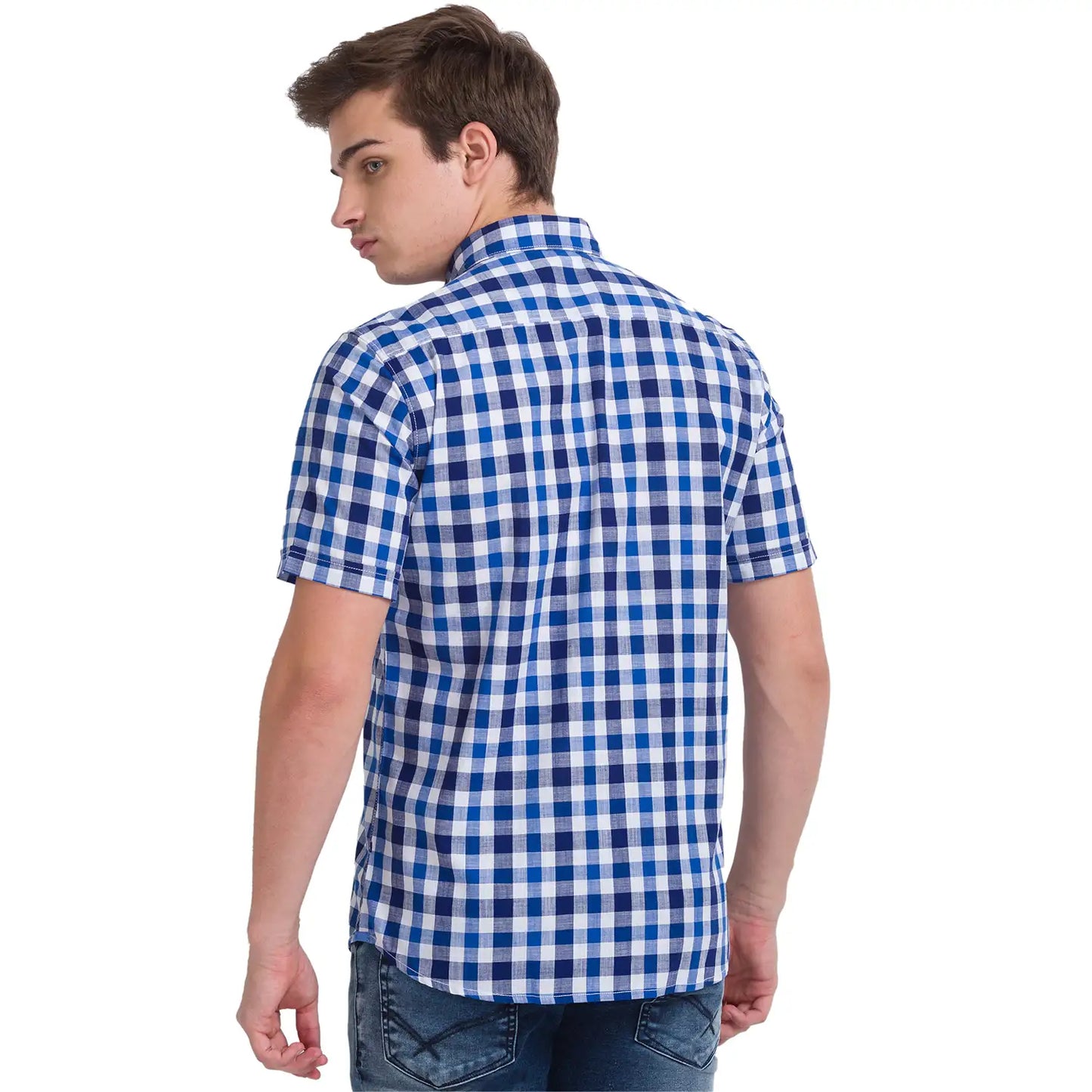 Men Blue Slim Fit Checks Cotton Half Sleeve Shirts – MyRaymond