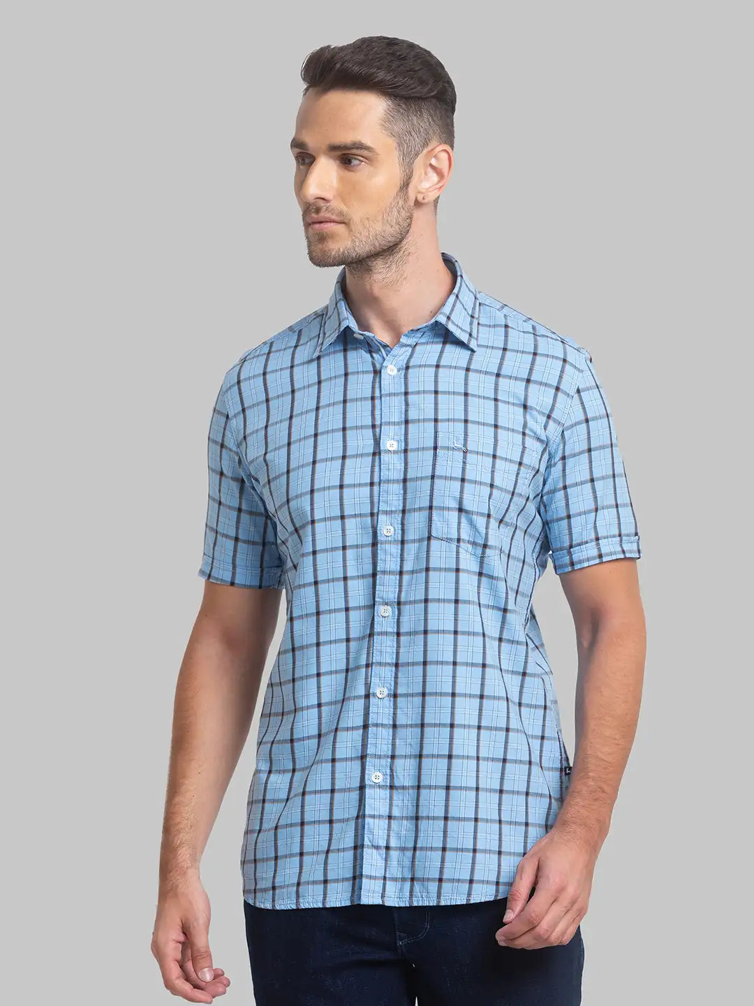 Men Blue Slim Fit Checks Cotton Blend Half Sleeve Shirts – MyRaymond
