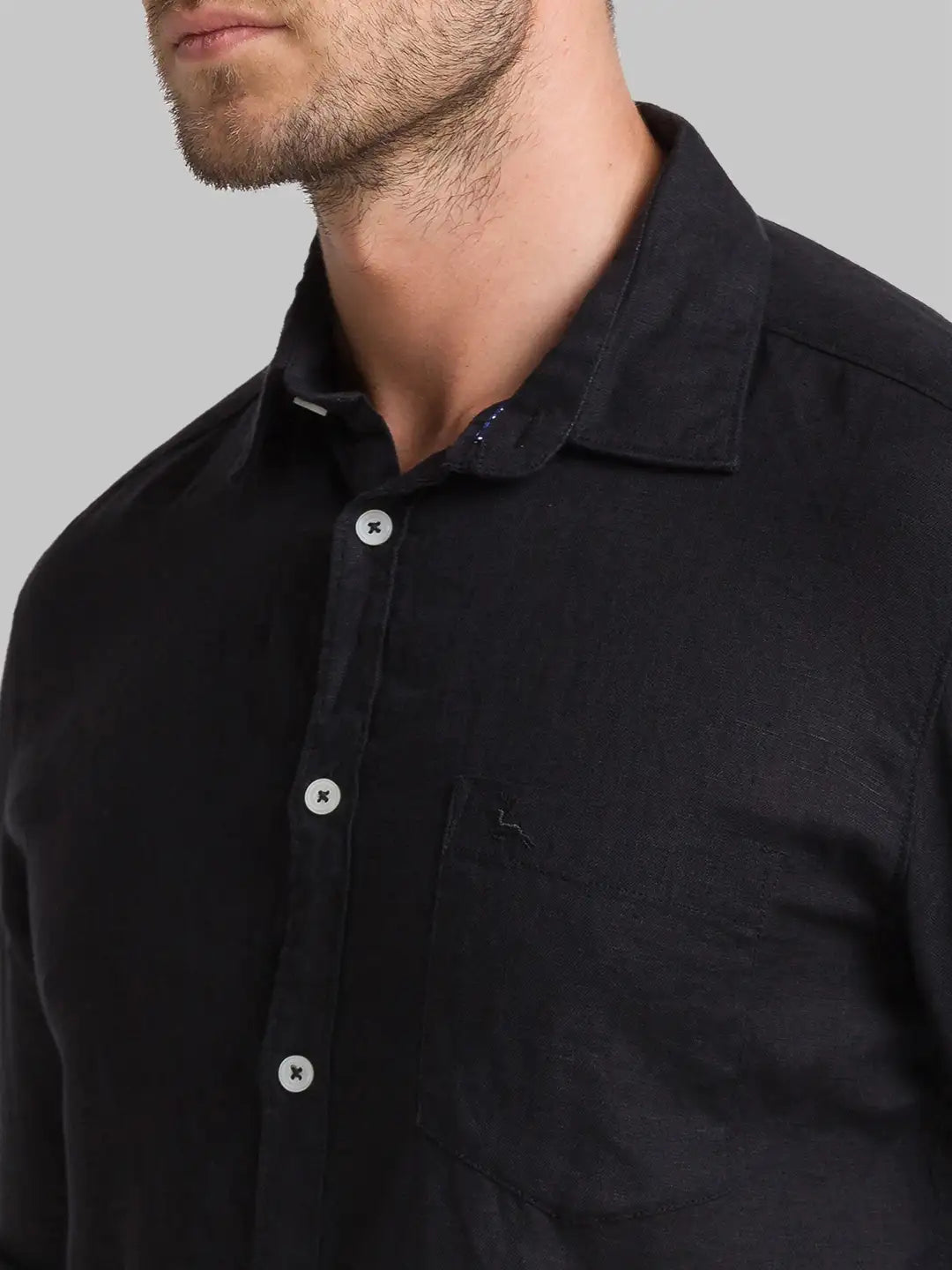Men Black Slim Fit Solid Linen Full Sleeve Shirts Myraymond